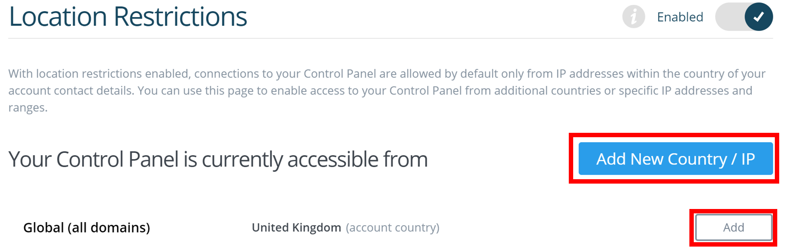 Authorising countries or IP addresses for Online Control Panel access ...